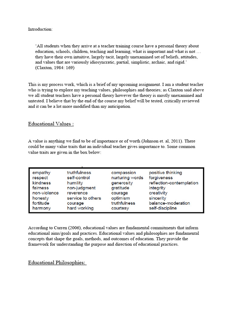 My Educational Values - MY Eassy | PDF | Philosophy Of Education ...