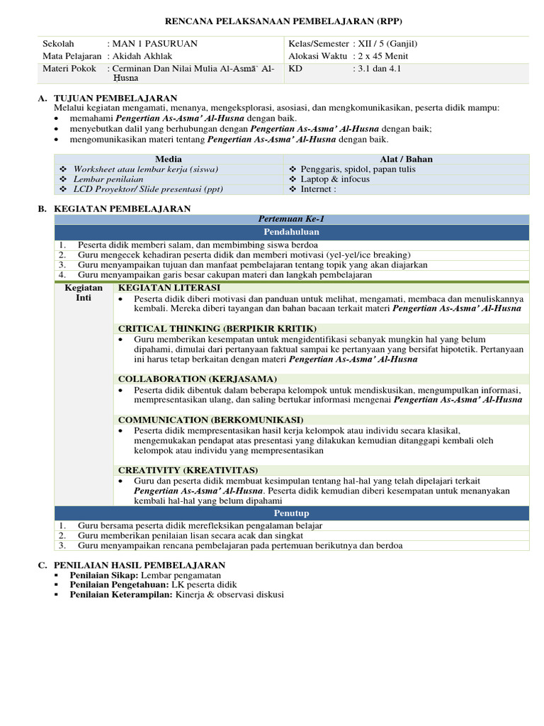 RPP I Akidah Akhlak Kelas 12 SEM 1 | PDF | Karier & Perkembangan