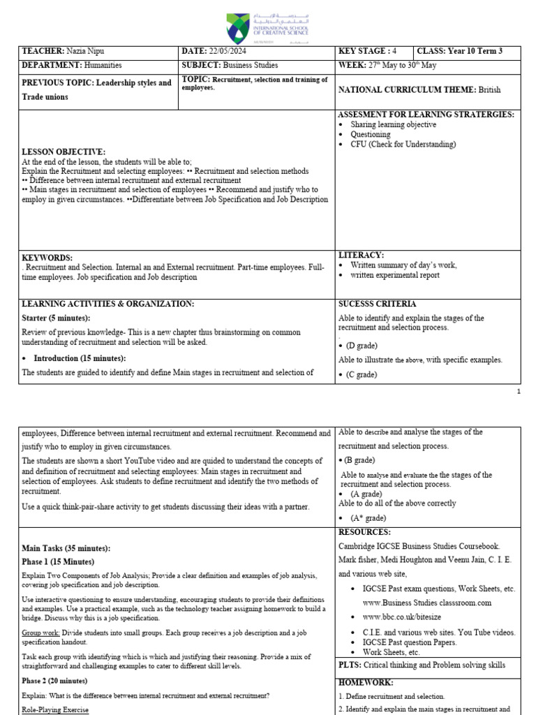Recruitment Selection and Training of Employees Lesson Plan IGCSE ...
