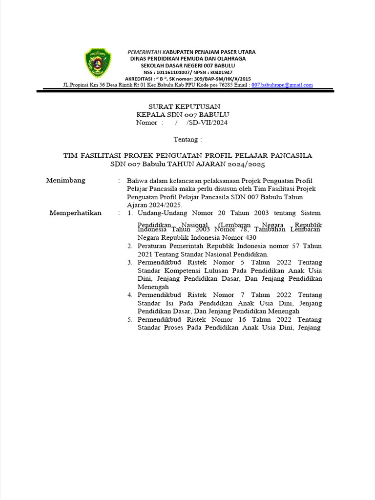 PDF SK Tim Fasilitasi Projek Profil Pelajar Pancasila p5 | PDF