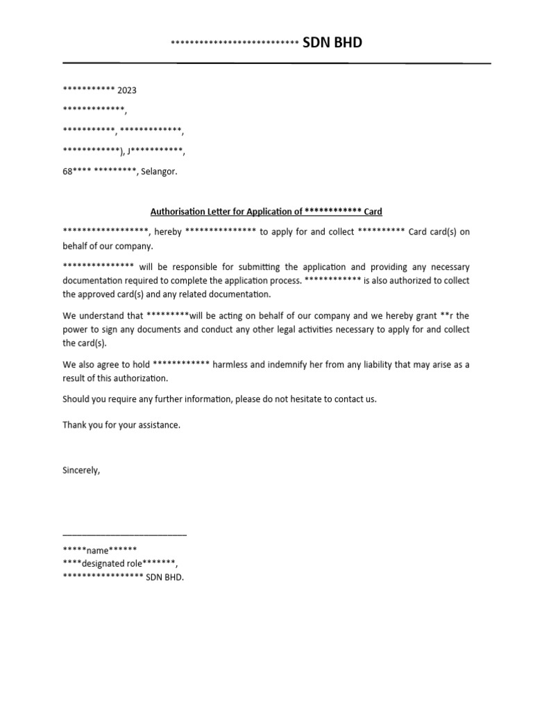 Authorisation Letter For Application of Card | PDF
