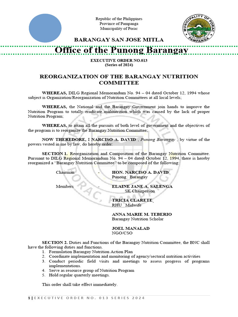 Reorganization of Barangay Nutrition Committee | PDF | Government