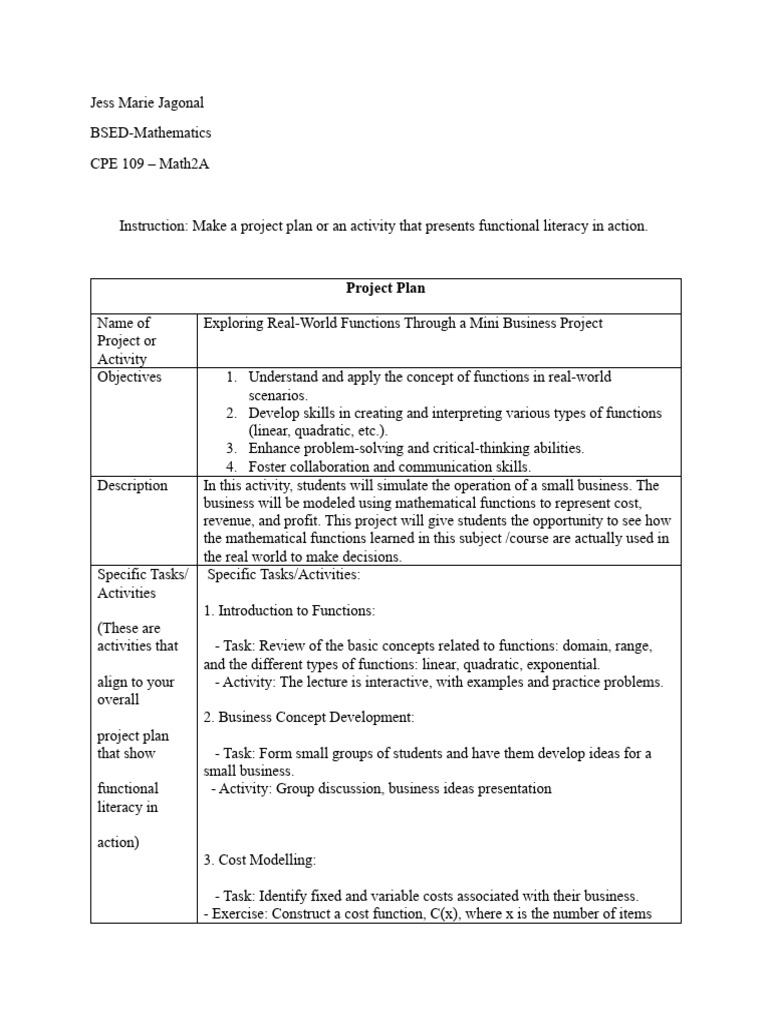 ProjectPlan Jagonal Math2A | PDF | Function (Mathematics) | Profit (Economics)