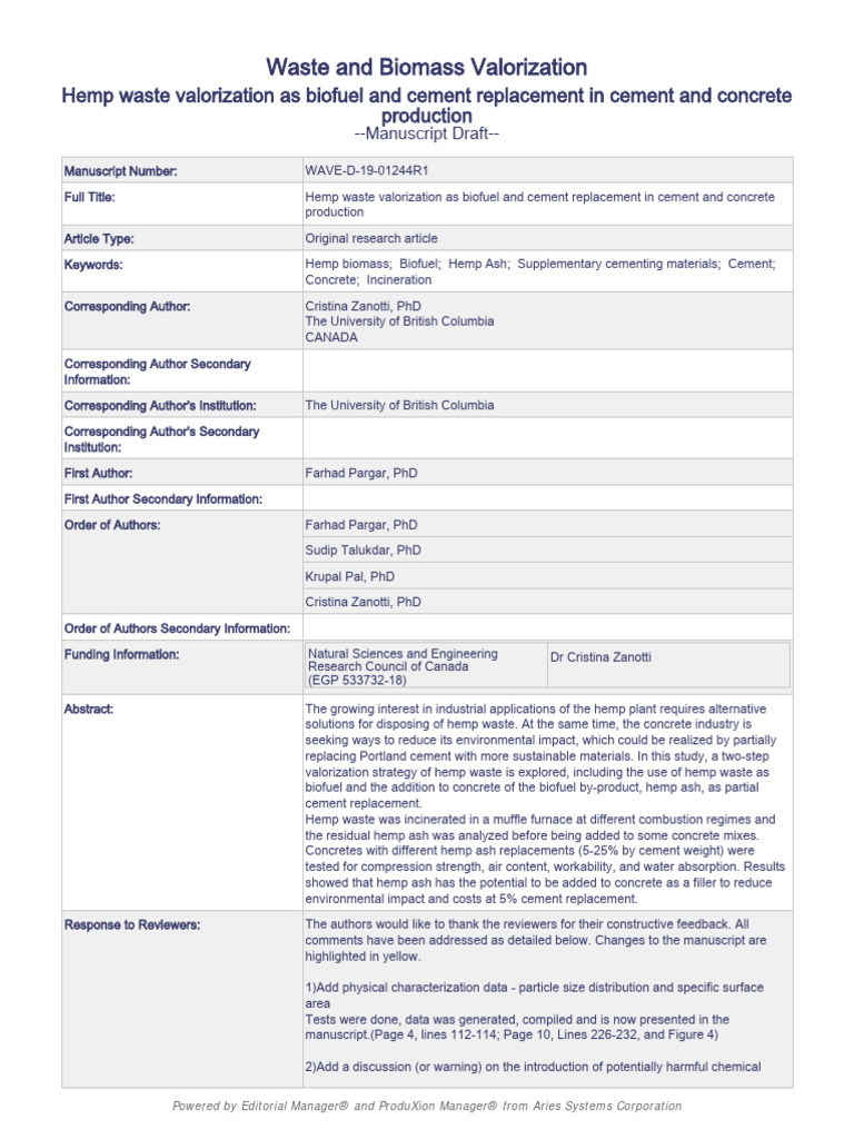 Hemp Waste Valorization As Biofuel and Cement Replacement in Cement and ...