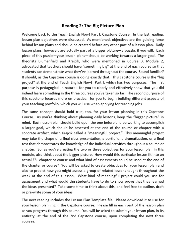 Reading 2 - The Big Picture Plan | PDF | Lesson Plan | Cognitive Psychology