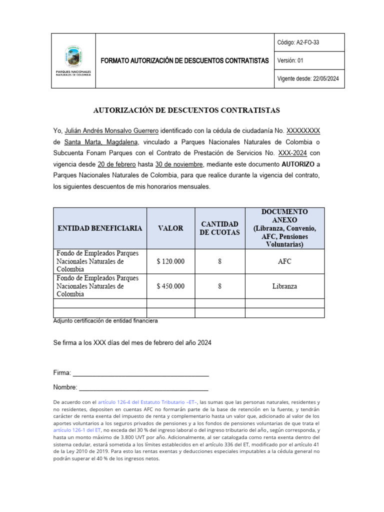 A2-FO-33 Formato Autorización de Descuentos Contratistas | PDF | Pensión