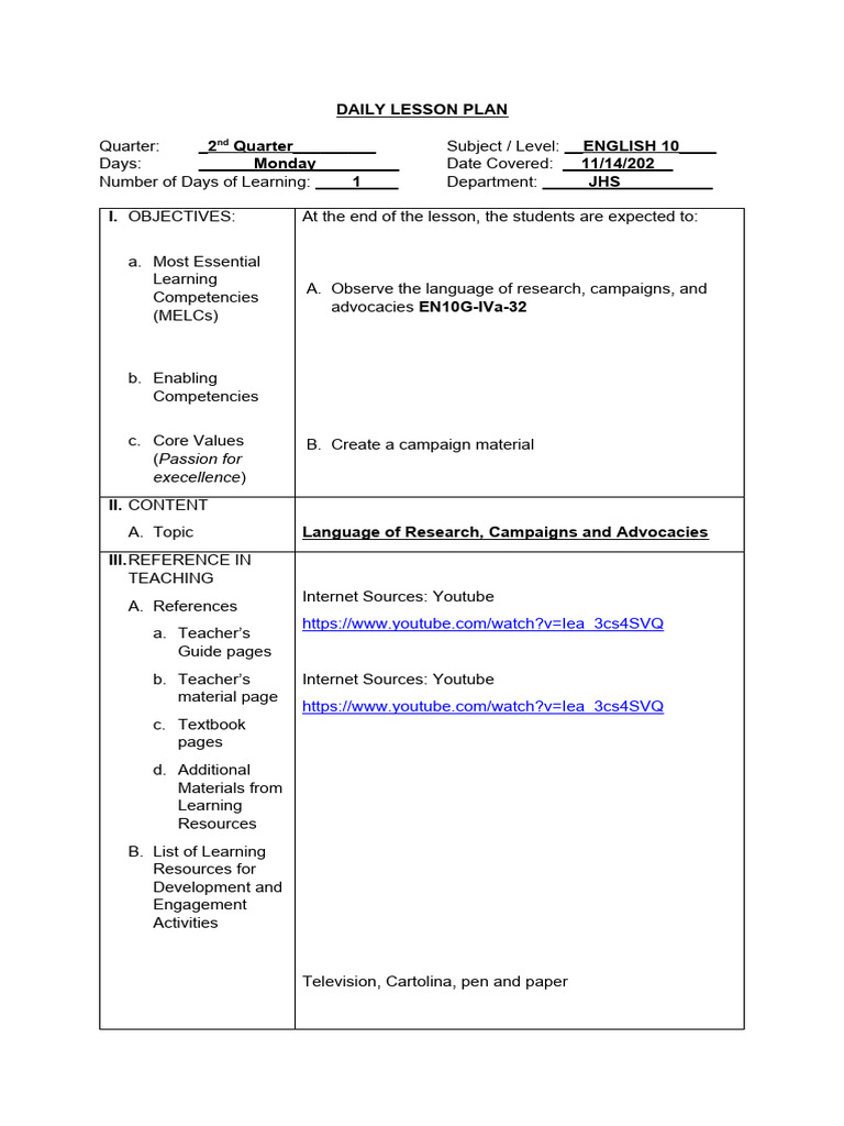 English 10 Daily Lesson Plans | PDF | Communication | Cognition