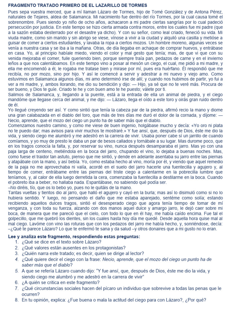 actividad FRAGMENTO TRATADO PRIMERO DE EL LAZARILLO DE TORMES | PDF