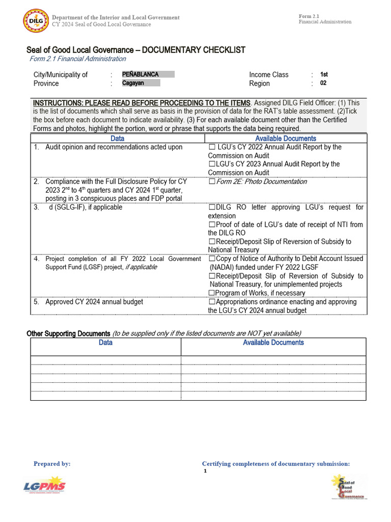 FINAL Editable Documentary Checklist SGLG 2024 | PDF | Audit | Auditor ...
