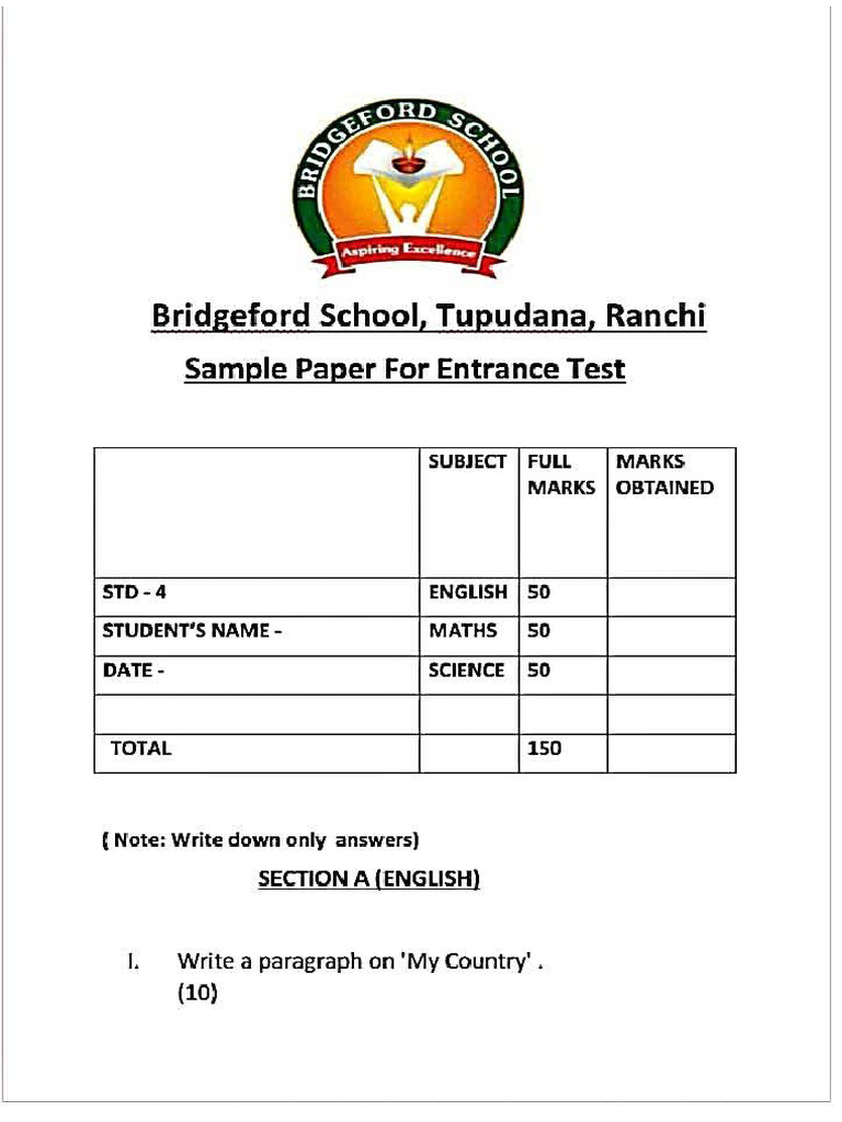 Sample Paper For Entrance Test Class 4 | PDF