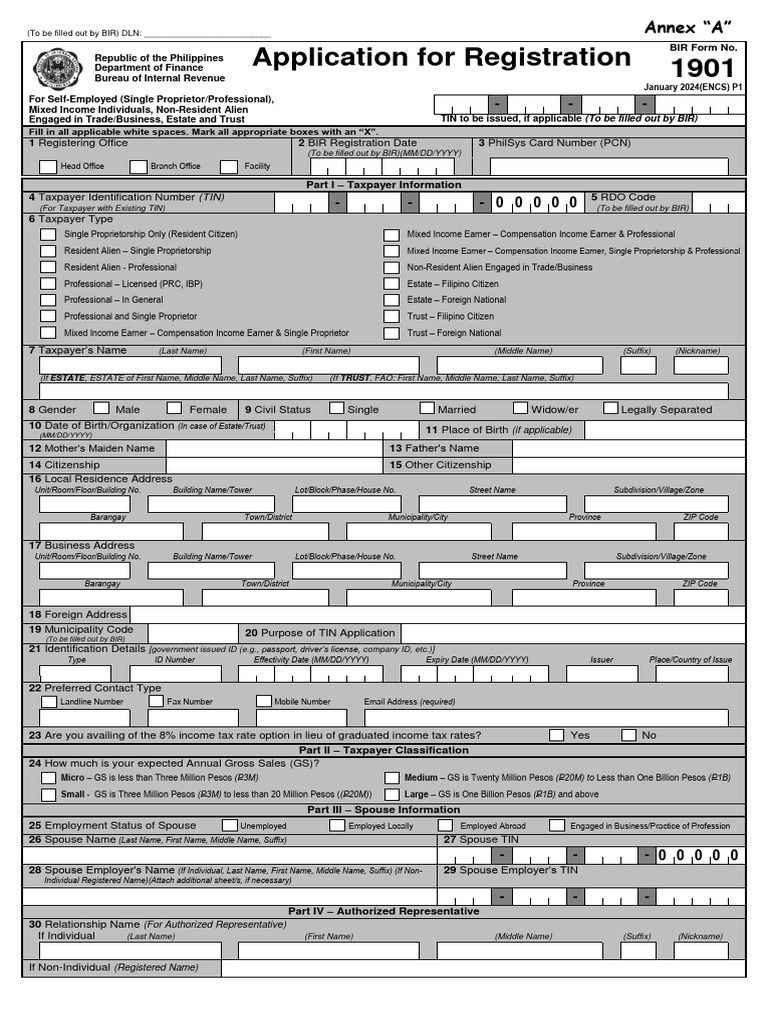 BIR Form No. 1901 Jan. 2024 ENCS | PDF | Receipt | Invoice