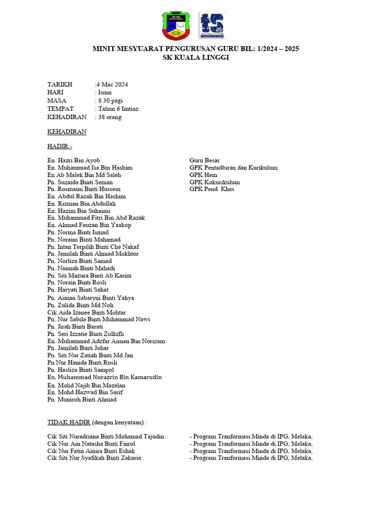 Minit Mesyuarat Pengurusan Guru BIL 1 (Sesi 2024 - 2025) | PDF