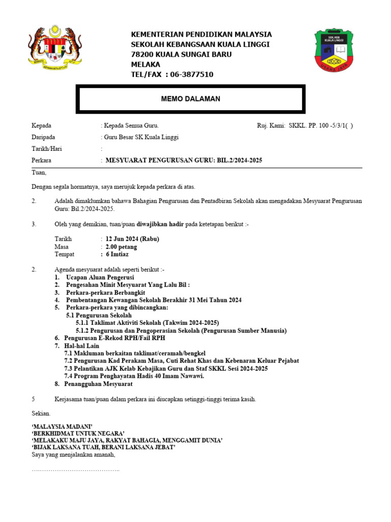 Memo Mesyuarat Pengurusan Guru Bl2 2024 2025 Pdf
