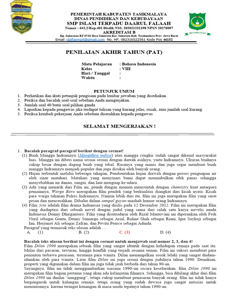 Soal & Jawaban PAT Kelas 8 2023-2024 | PDF