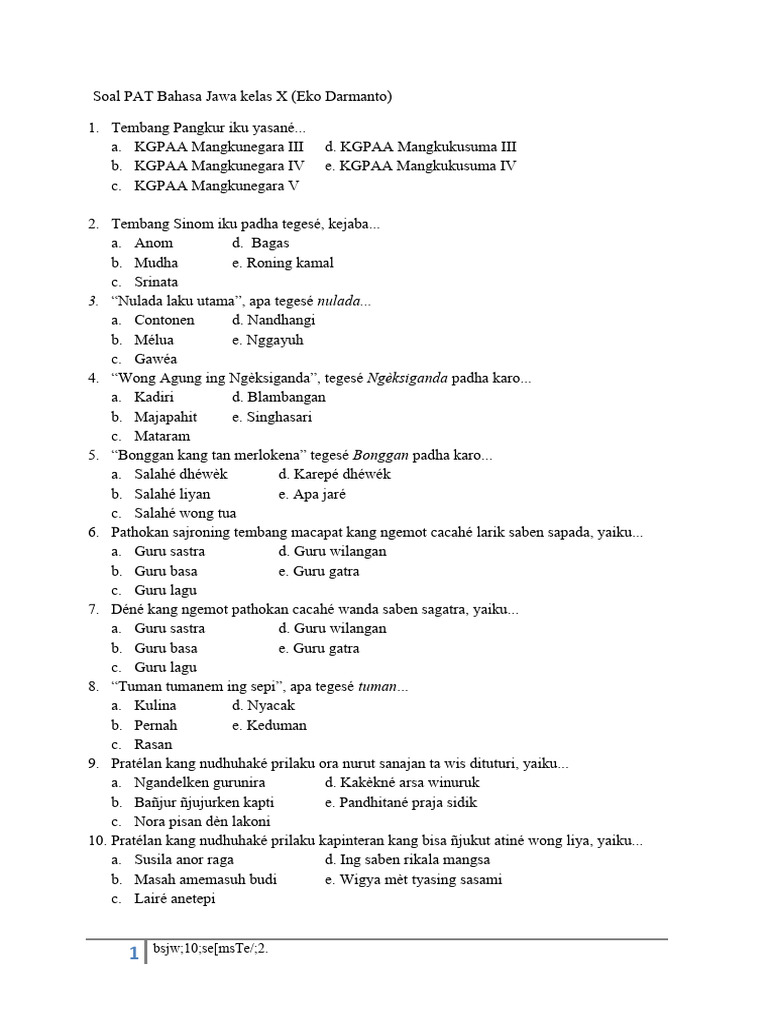 Soal PAT Bahasa Jawa Kelas X EKO D | PDF