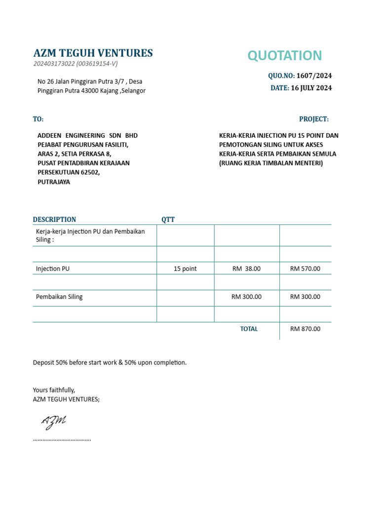 Quotation Kerja-Kerja Pu Injection Dan Pemotongan Siling. | PDF