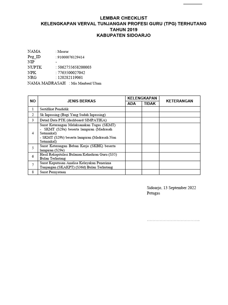 Lembar Checklist | PDF