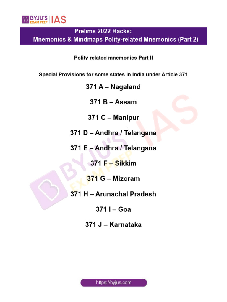 Prelims 2022 Hacks - Mnemonics Mindmaps Polity Related Mnemonics Part 2 Episode 8 | PDF