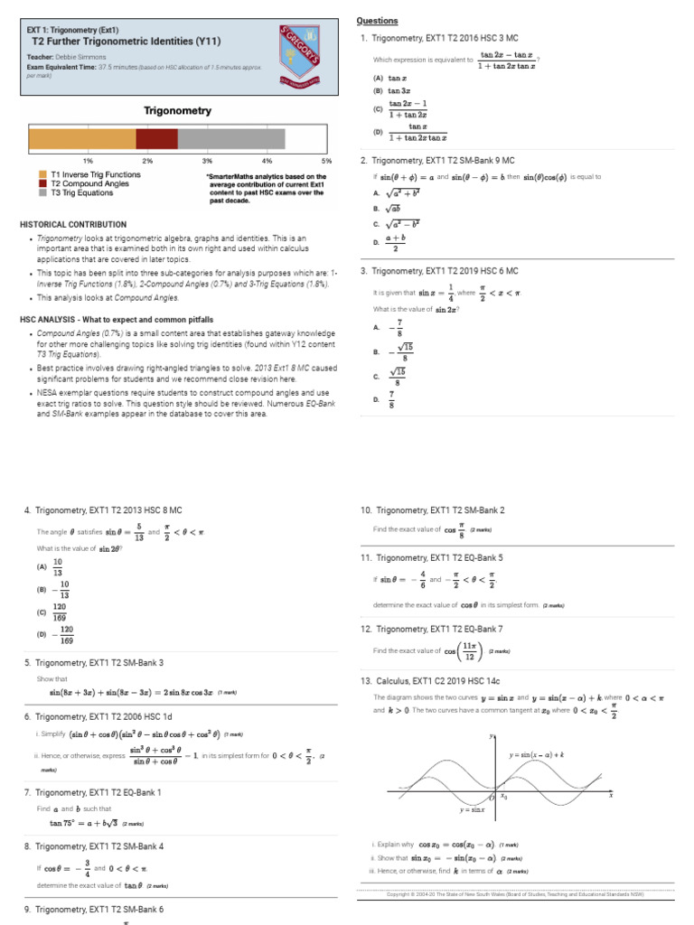 Hsc Further Trigonometric Identities Pdf Trigonometric Functions Mathematical Objects