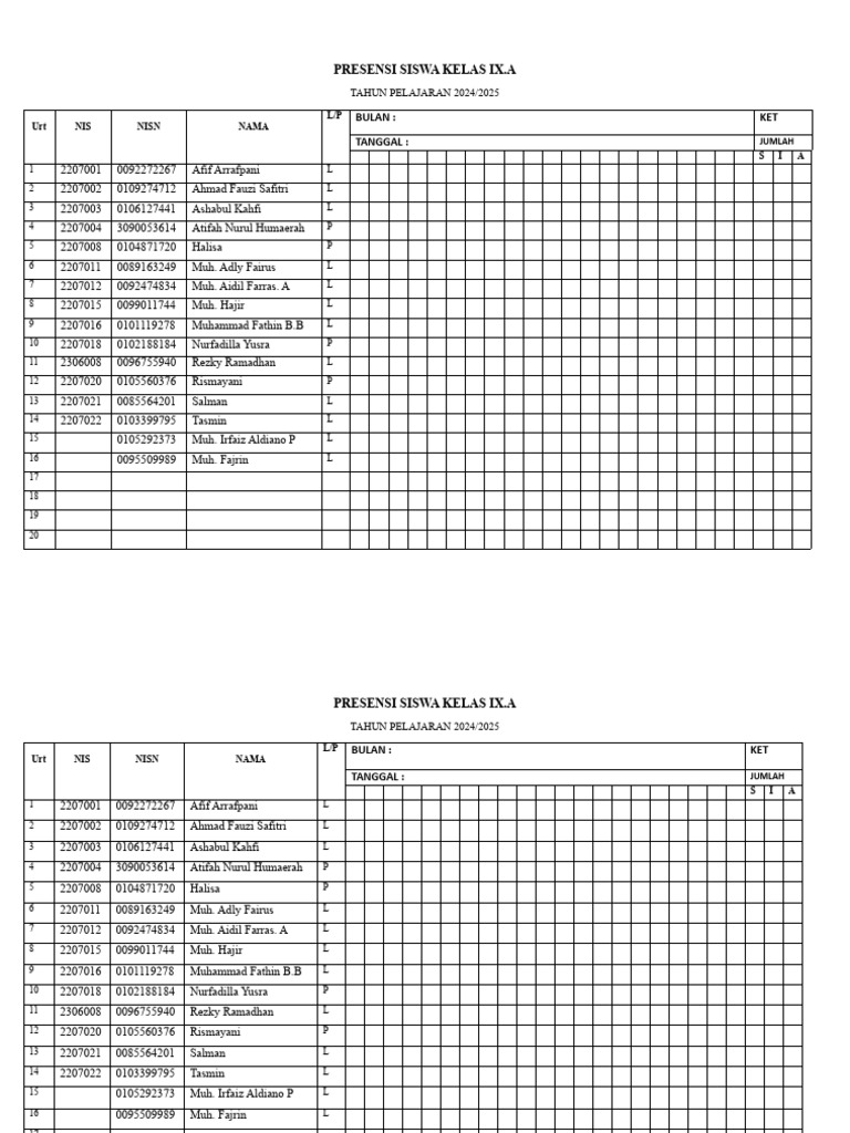 Presensi Siswa Kelas Ix Pdf