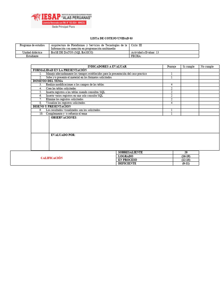 13 Lista de Cotejo SQL Basconsultas SQL | PDF | SQL | Informática