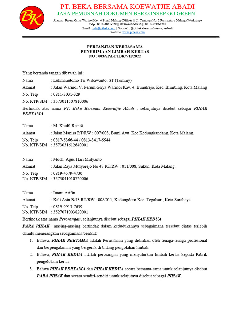 Surat Perjanjian Kerjasama PT. Beka Dengan Vendor Penerima | PDF