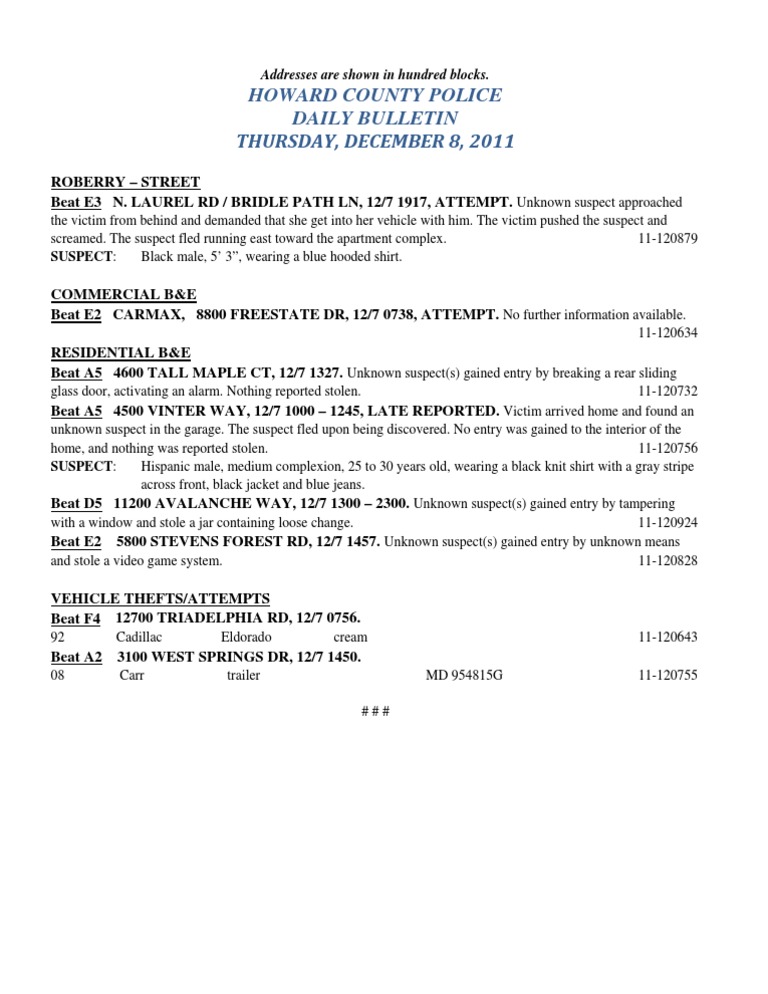 Howard County Police Daily Bulletin | PDF | Politics | Law