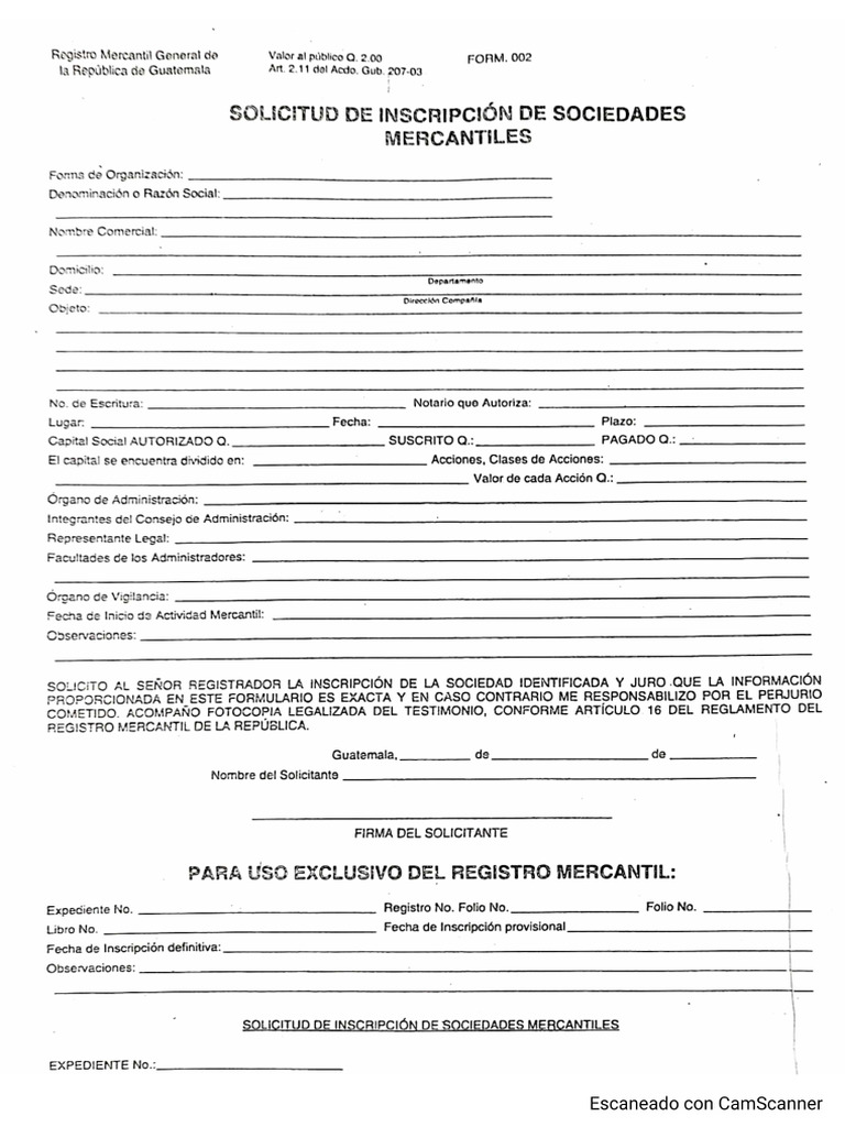 Solicitud de Inscripción de Sociedades Mercantiles | PDF