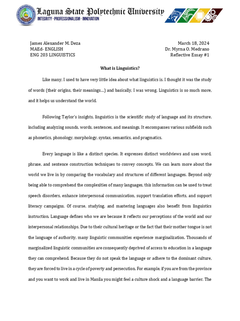 Reflective Essay 1 - Deza - Maed English | PDF | Linguistics | Semantics