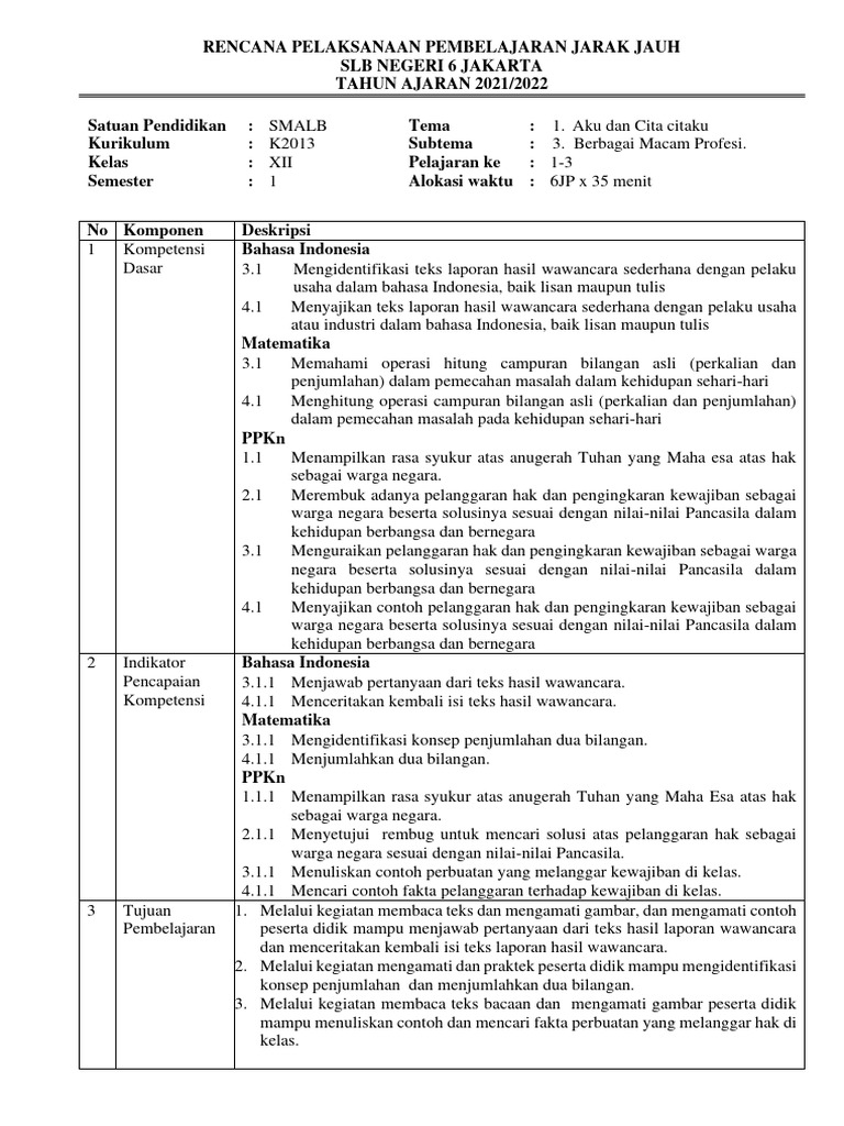 RPP Tema 1 Subtema 3 PB 1-3 | PDF