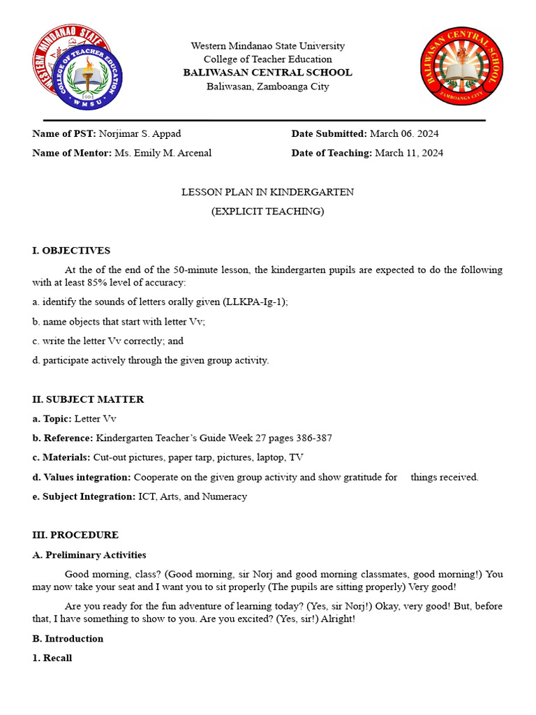 LETTER VV - Lesson Plan - Math | PDF | Lesson Plan | Behavior Modification