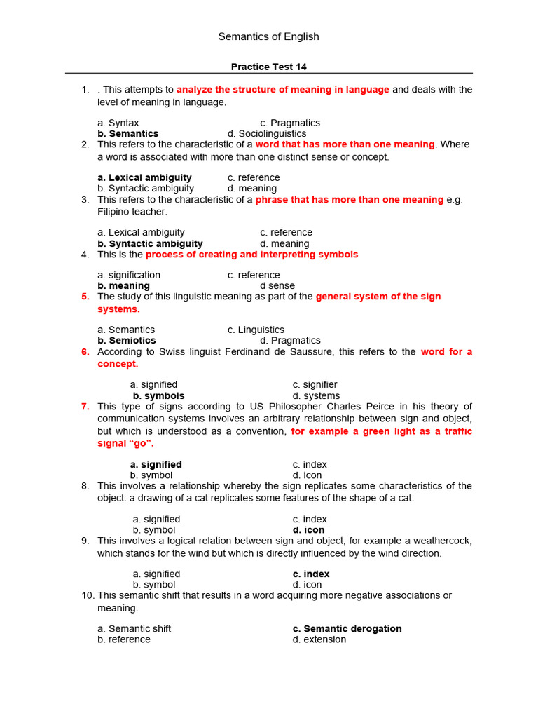 Practice Test 14 SEMANTICS | PDF | Semantics | Linguistics