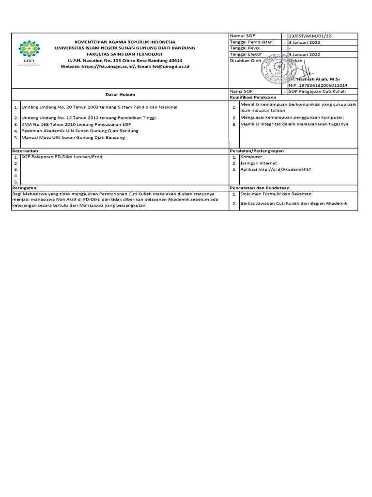 13-SOP Pengajuan Cuti Kuliah | PDF