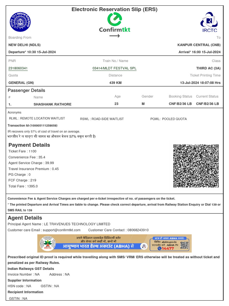 Kanpur To Delhi Train Ticket | PDF | Identity Document