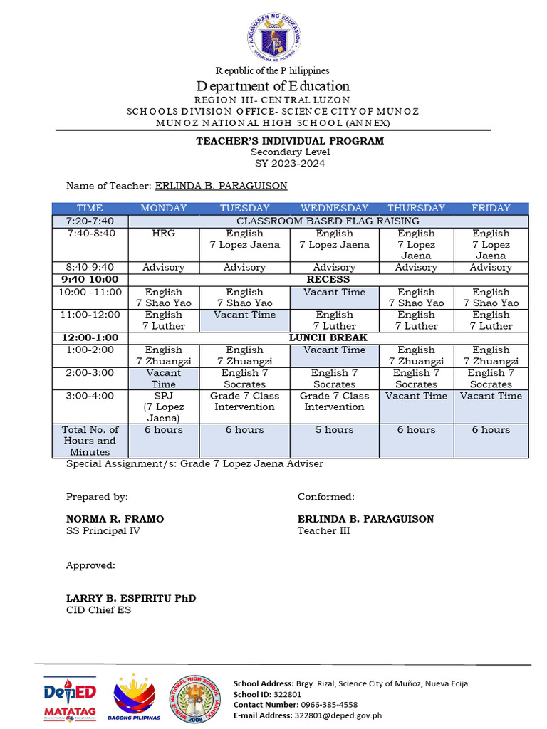 Individual Schedule English Dept Sy 2023 2024 | PDF