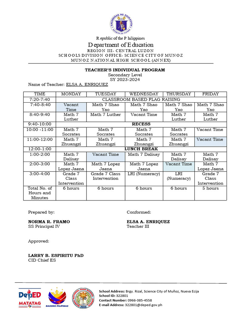 Individual Schedule Math Dept Sy 2023 2024 | PDF | Communication | Science