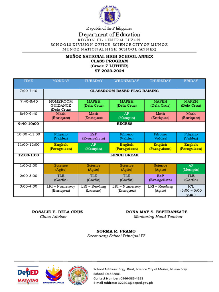 Grade 7 Class Schedule | PDF | Educational Organizations | Educational ...