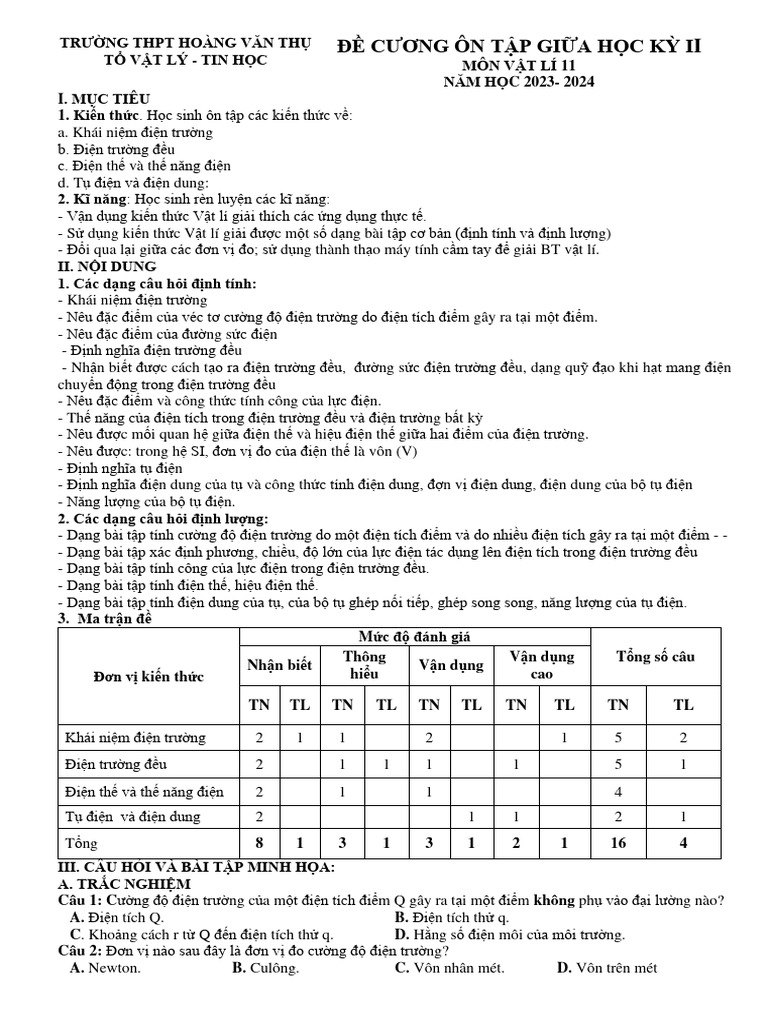 DE CUONG GIUA HOC KI 2 VL11 NAM 2023-2024 7a203 | PDF