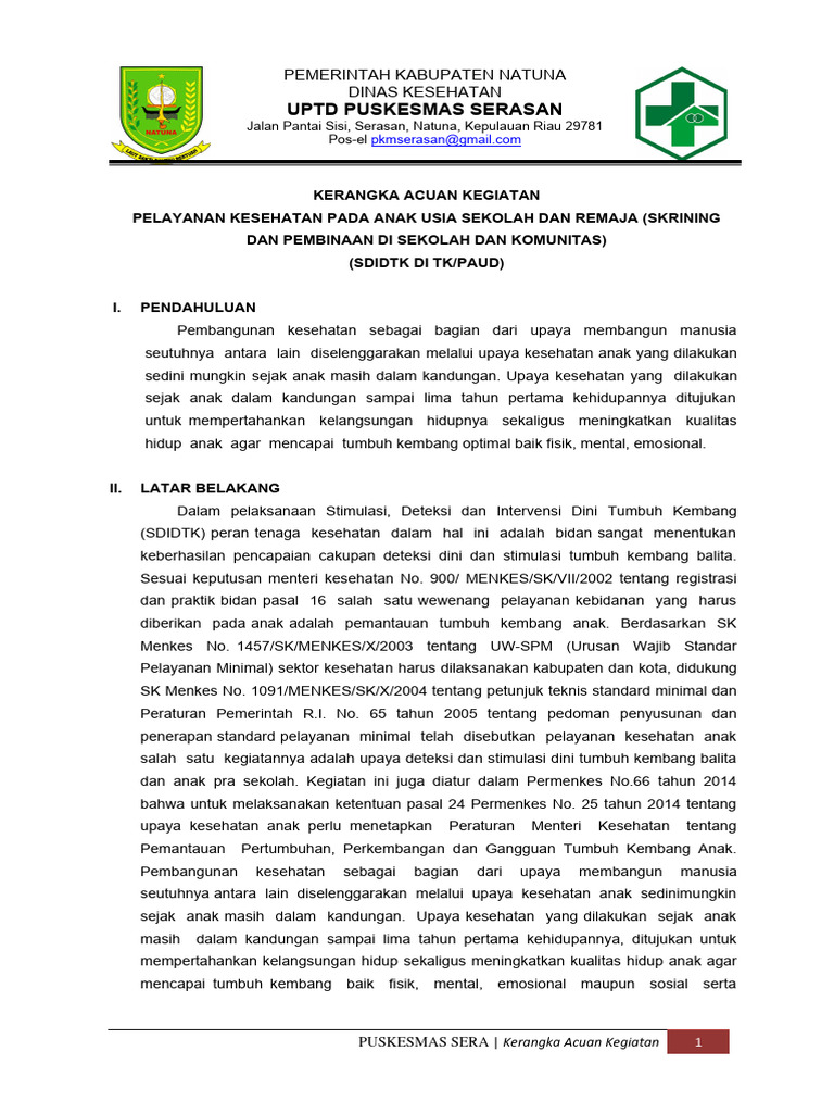 KAK SDIDTK Di TK PAUD 2025 | PDF | Karier & Perkembangan | Kesehatan Holistik