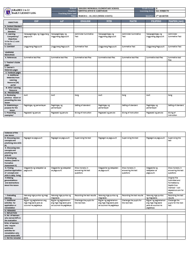 DLL - All Subjects 2 - Q3 - W4 - D5 | PDF | Learning | Human Communication