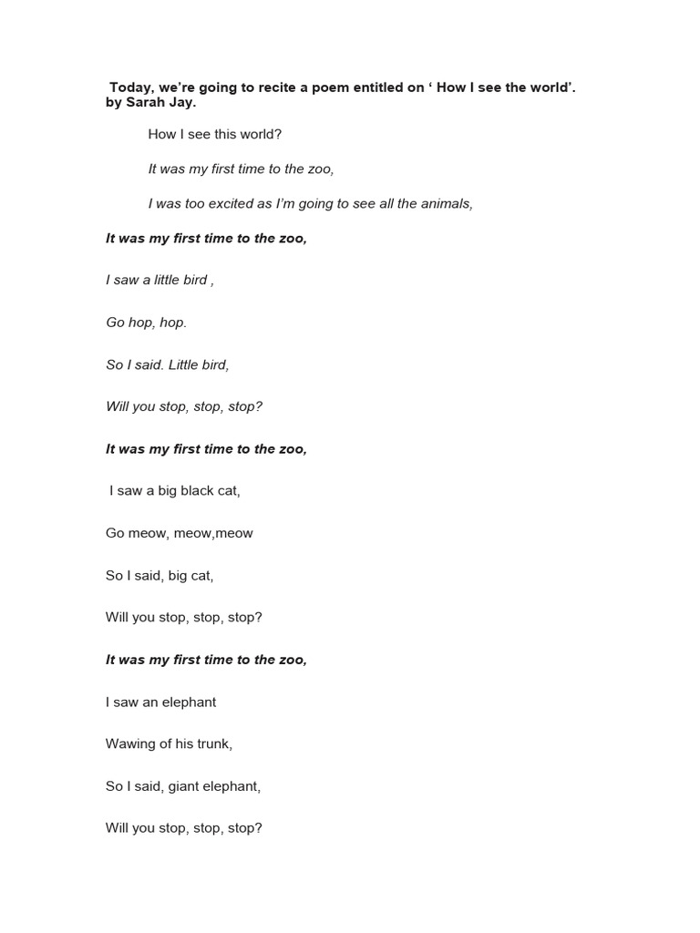 Poem: My First Zoo Experience | PDF | Home & Garden | Poetry