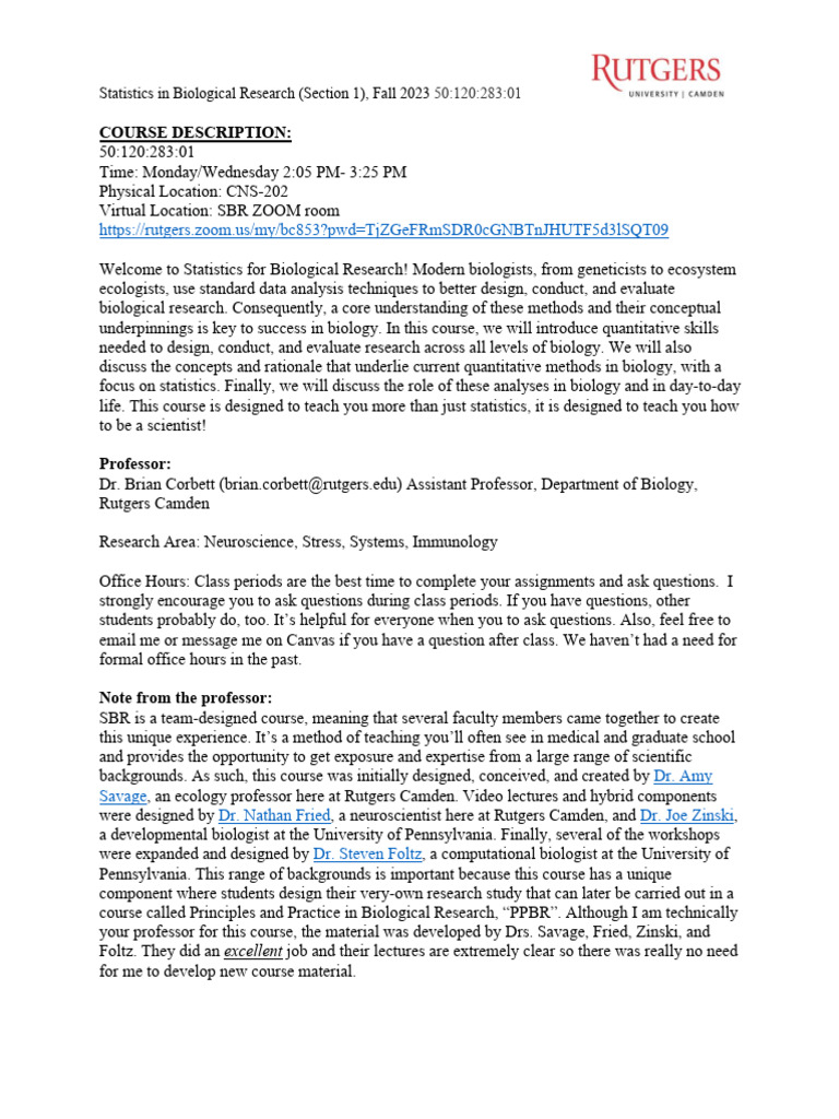 SBR Fall 2023 Syllabus Section 1 | PDF | Experiment | Hypothesis