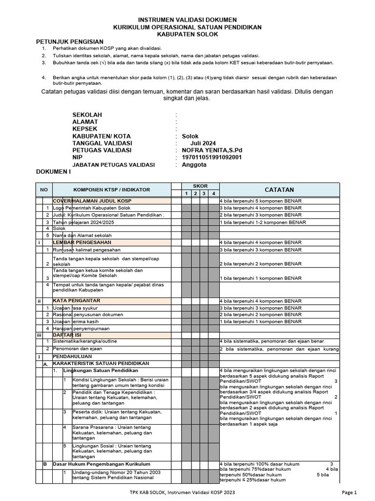 Instrumen Validasi KOSP 2023 | PDF