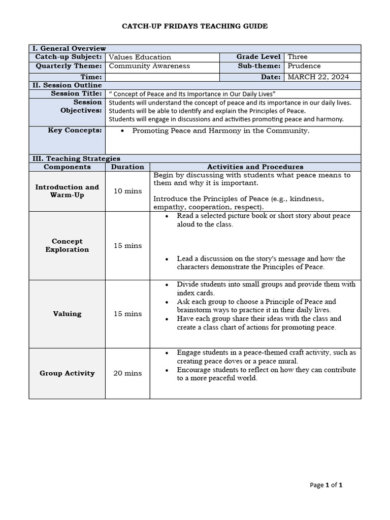 GRADE 3-VALUES ED_CATCH-UP FRIDAY | PDF | Peace | Cognition