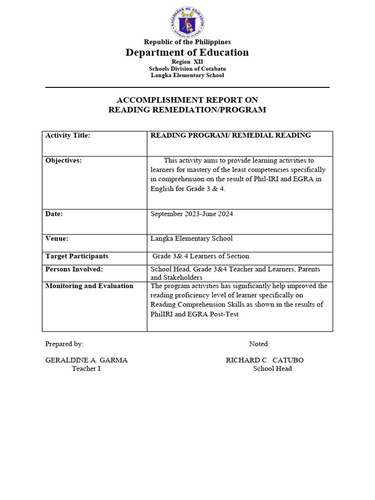 Accomplishment and Narrative Report Reading Program | PDF | Reading ...