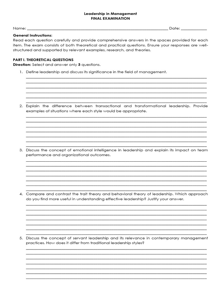 Leadership in Management - Final Exam | PDF | Leadership ...