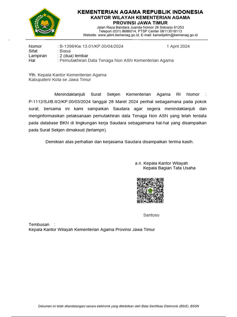 Surat Dinas - Pemutakhiran Data Tenaga Non ASN Kementerian Agama + Lampiran | PDF