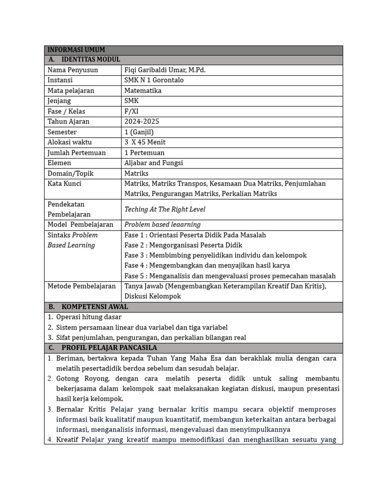 MODUL AJAR MATRIKS | PDF