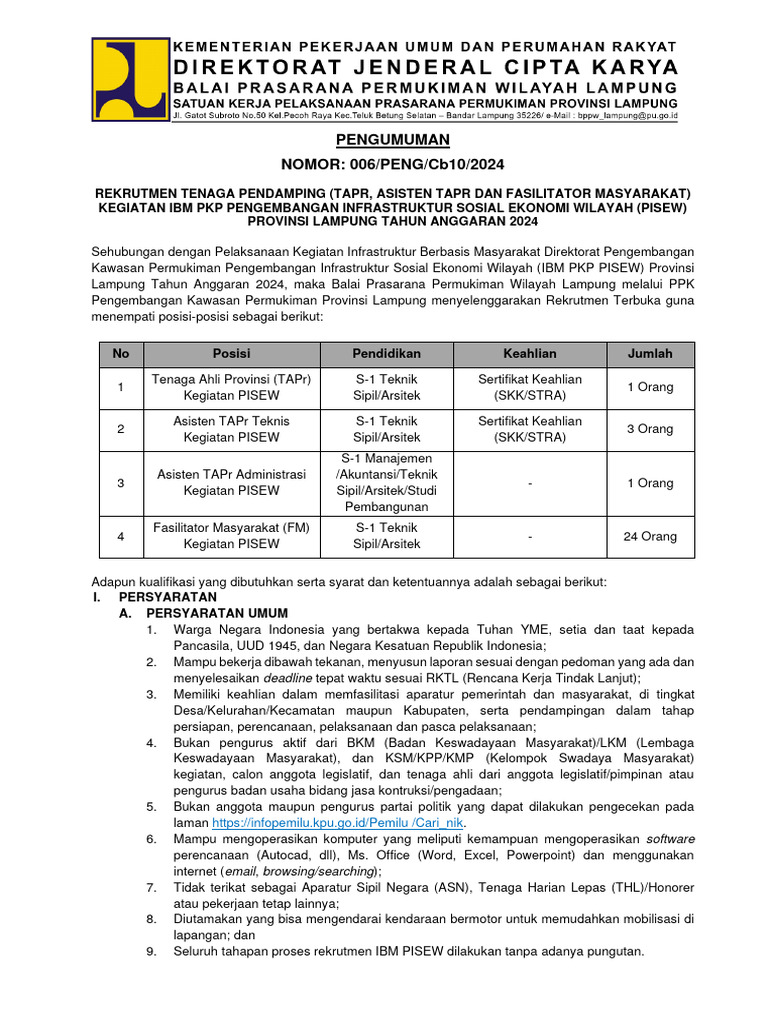006-Cb10 Pengumuman Rekrutmen Tenaga Pendamping PISEW Lampung TA 2024 | PDF | Bisnis | Komputer