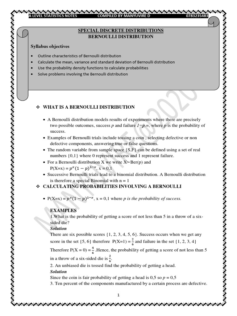 Bernoulli Distribution Notes Pdf Probability Distribution Variance